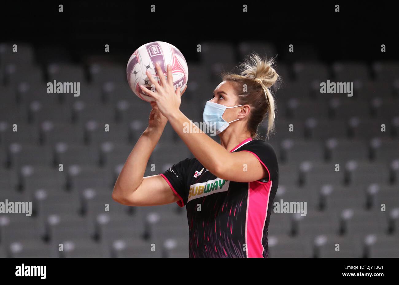 Lenize Potgieter of the Thunderbirds warms up during the Super Netball ...