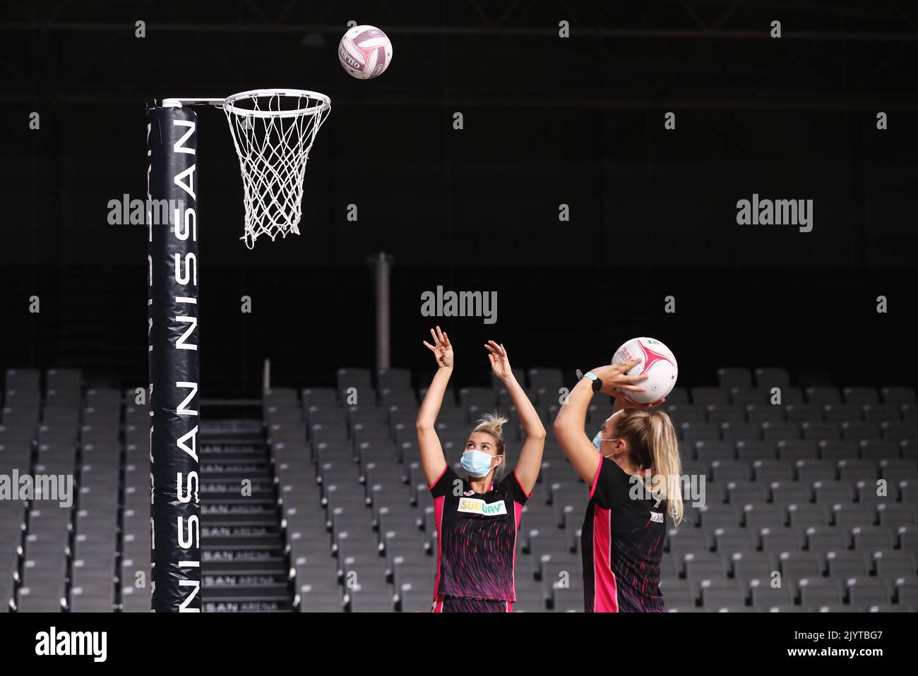Lenize Potgieter of the Thunderbirds warms up during the Super Netball ...