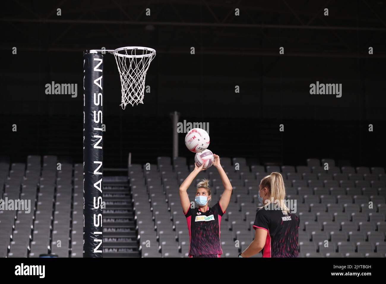 Lenize Potgieter of the Thunderbirds warms up during the Super Netball ...