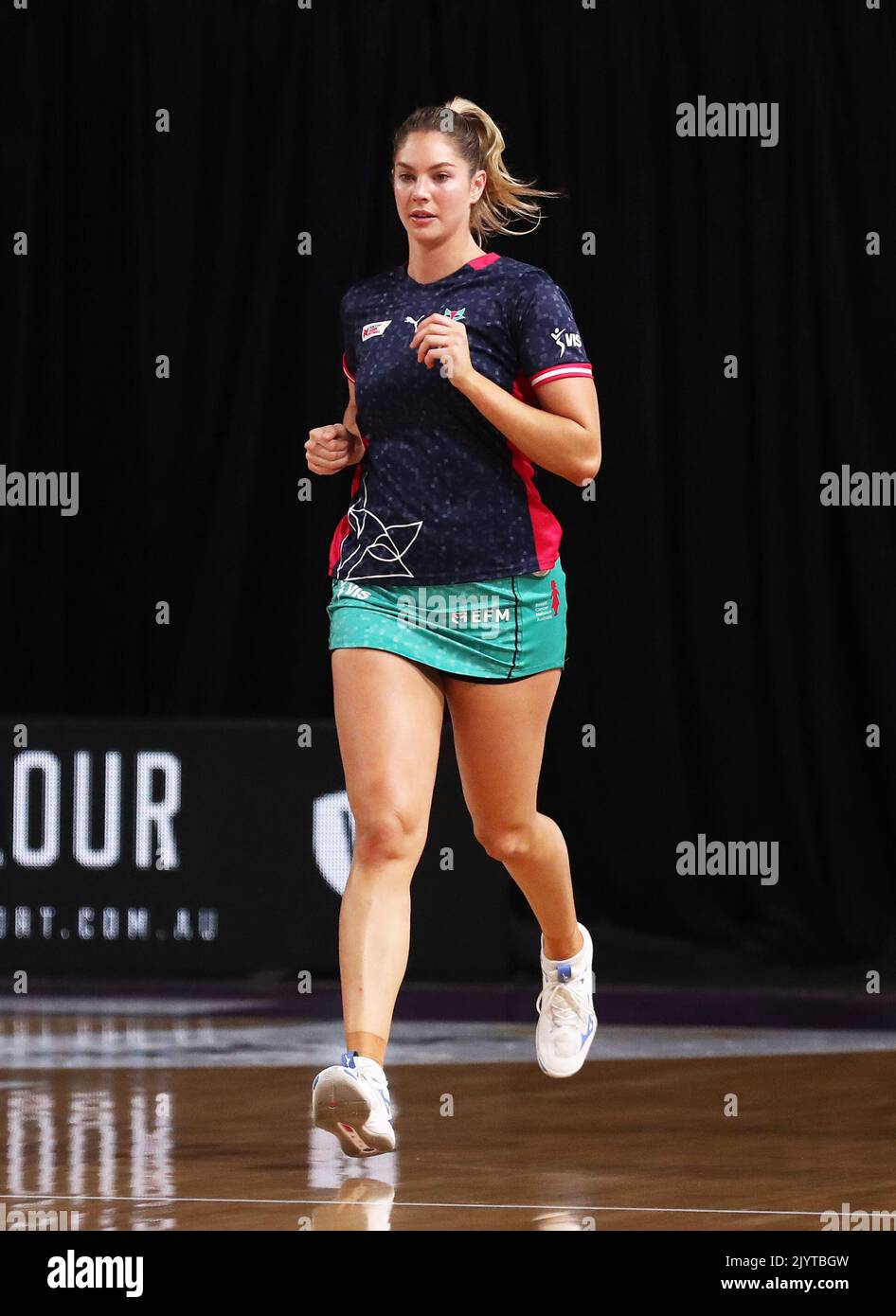Kaylia Stanton of the Vixens warms up during the Super Netball Round 13 ...