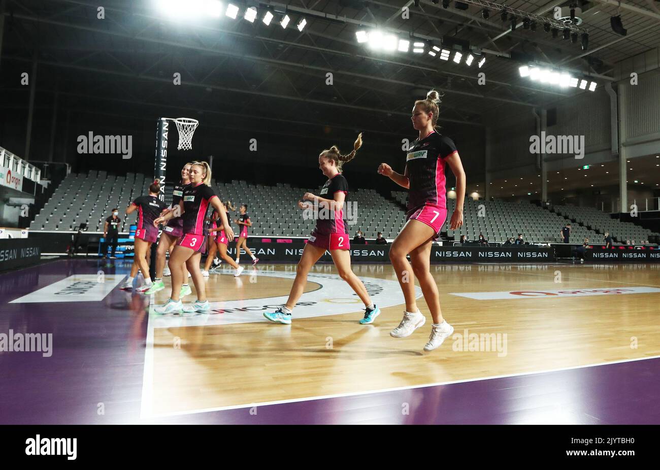 Thunderbirds players warm up during the Super Netball Round 13 match ...