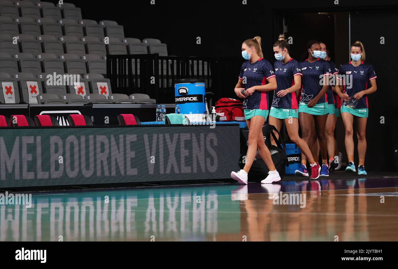 Vixen players walk on to court during the Super Netball Round 13 match ...