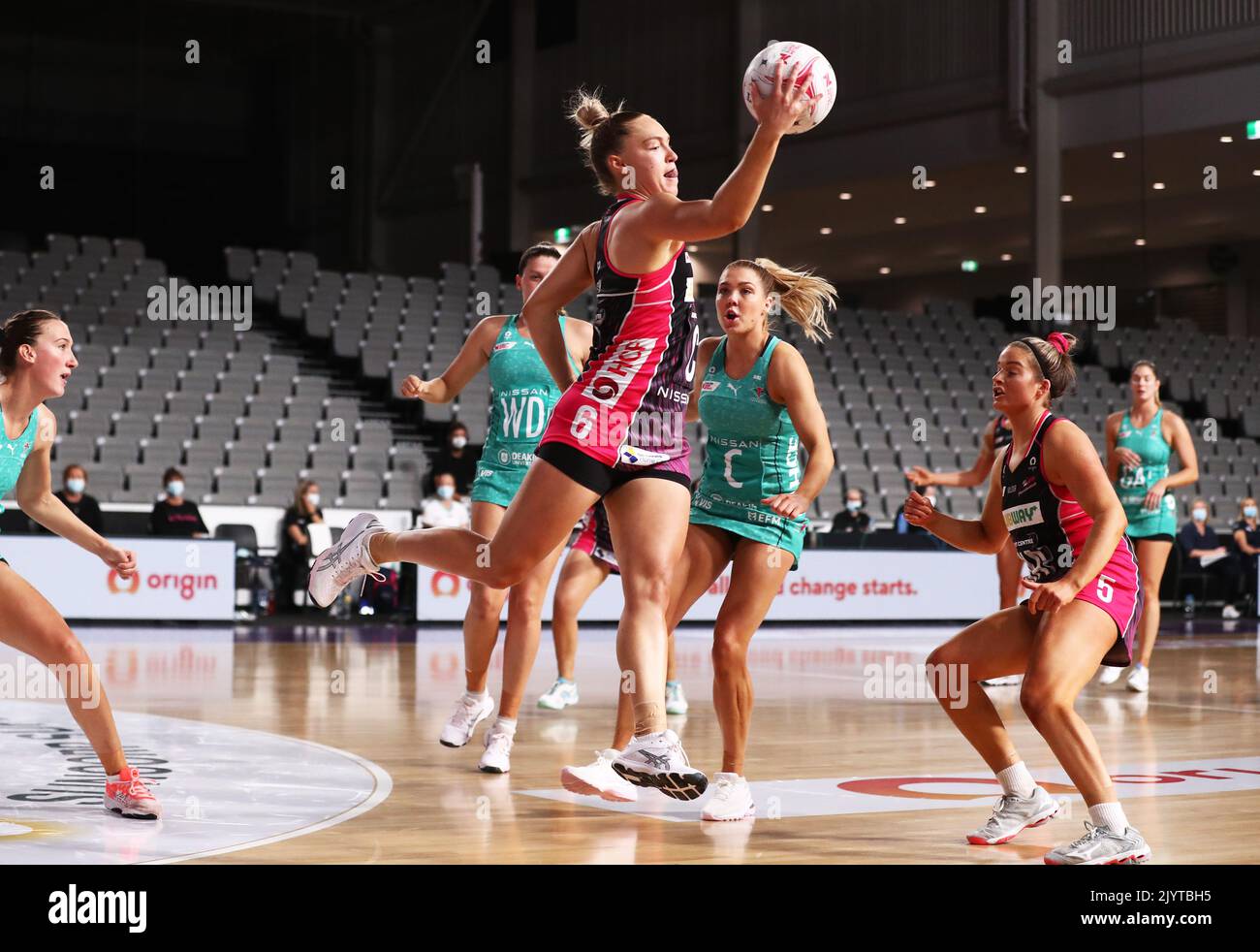Hannah Petty of the Thunderbirds in action during the Super Netball ...
