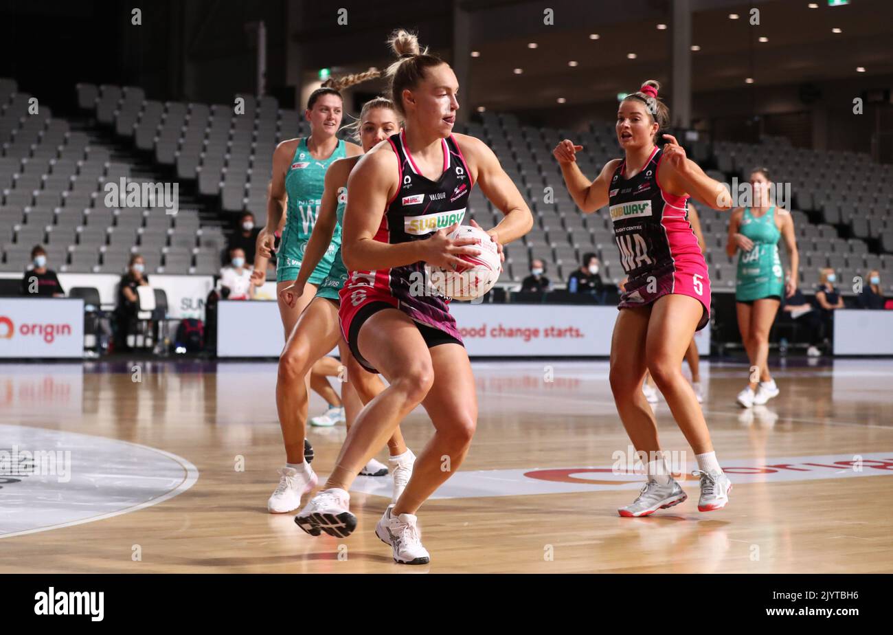 Hannah Petty of the Thunderbirds in action during the Super Netball ...