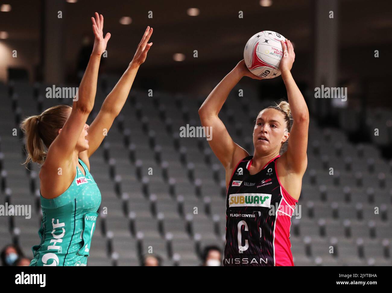 Hannah Petty of the Thunderbirds in action during the Super Netball ...