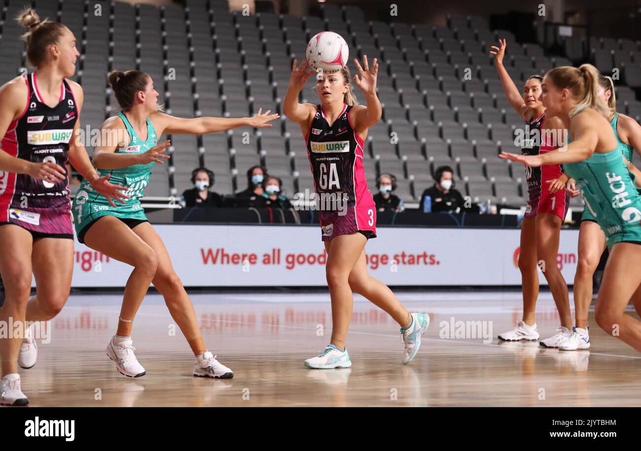 Georgie Horjus of the Thunderbirds in action during the Super Netball ...