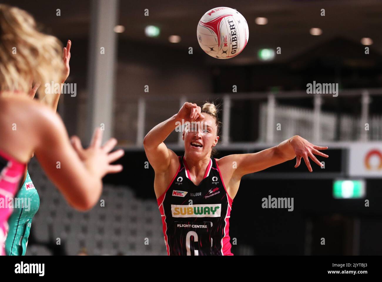 Hannah Petty of the Thunderbirds in action during the Super Netball ...