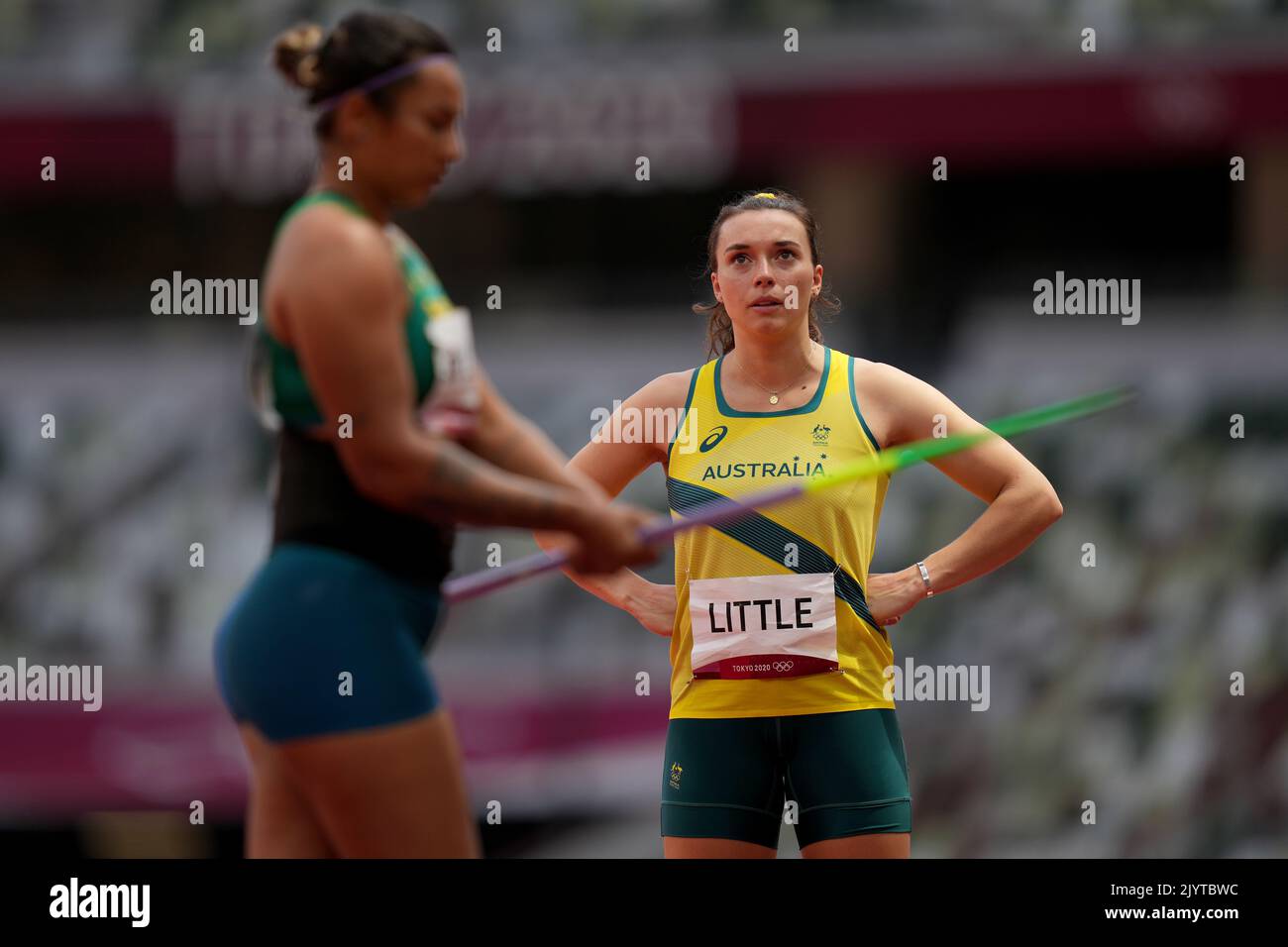 Mackenzie Little of Australia looks on during the Women’s Javelin Throw ...