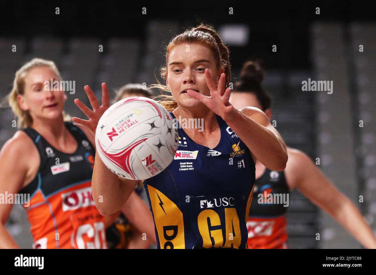 Steph Wood of the Lightning in action during the Round 13 Super Netball ...