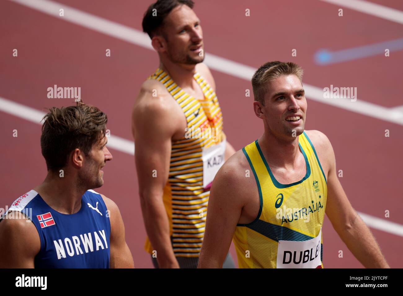 Cedric Dubler of Australia (right) following the Men’s Decathlon 100m ...
