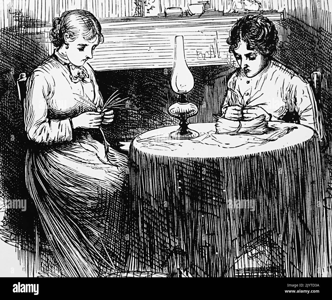 Illustration depicting women outworkers plaiting straw for use in the ...