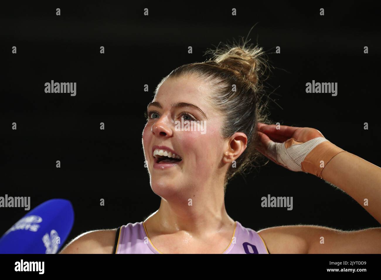 Lara Dunkley of the Firebirds reacts during the Round 14 Super Netball ...