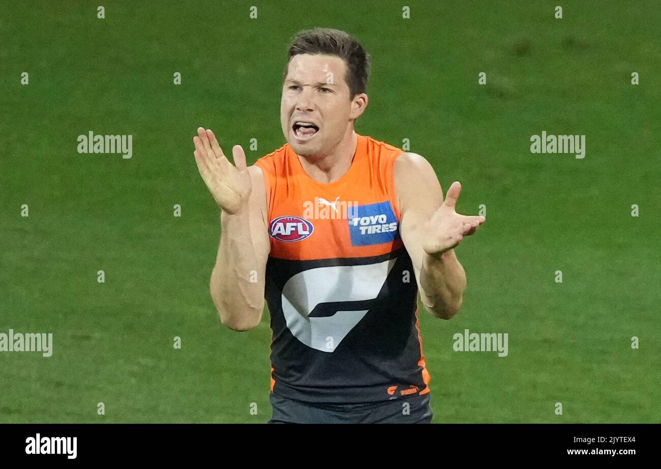 Toby Greene of the Giants celebrates after kicking a goal during the ...