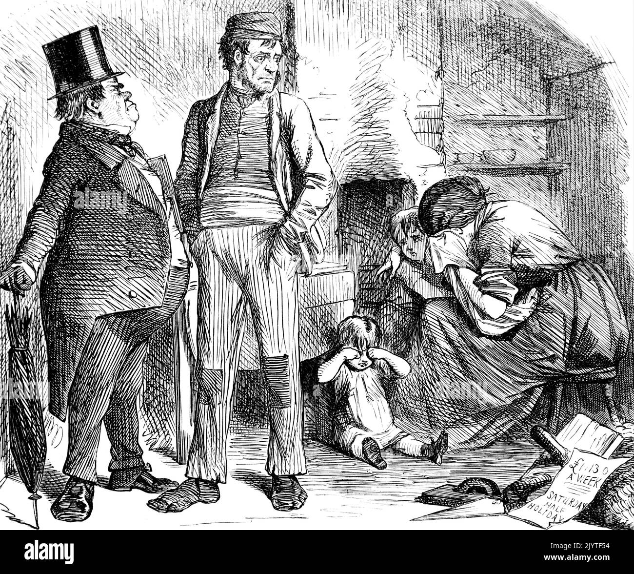 Illustration depicting a rent collector visiting an impoverished family ...