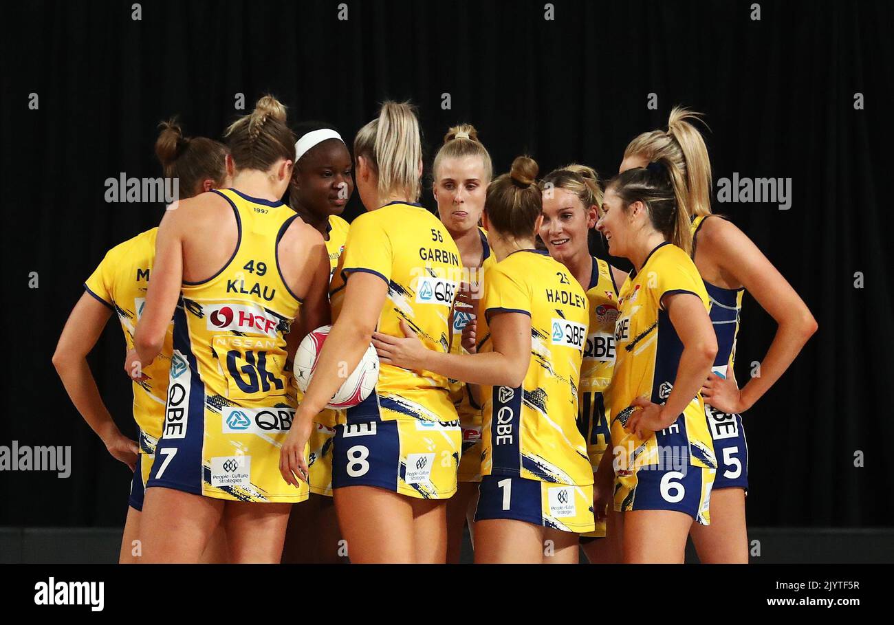 Swifts form a huddle during the Super Netball Round 14 match between ...