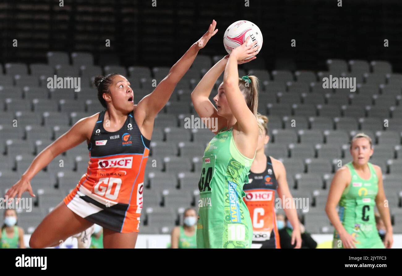 Alice Teague-Neeld of the Fever in action during the Super Netball ...