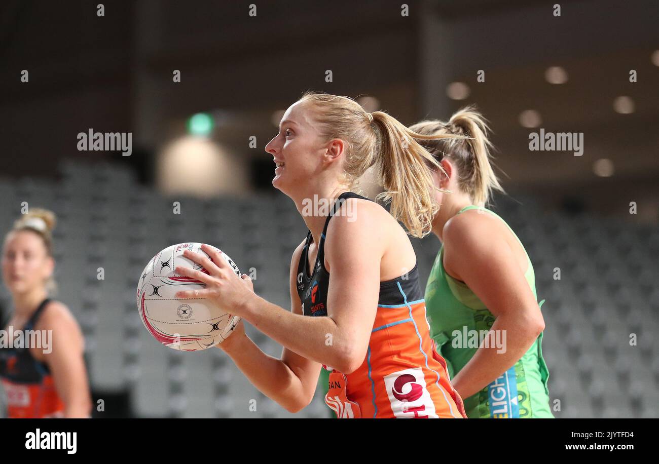 Maddie Hay of the Giants in action during the Super Netball Round 14 ...