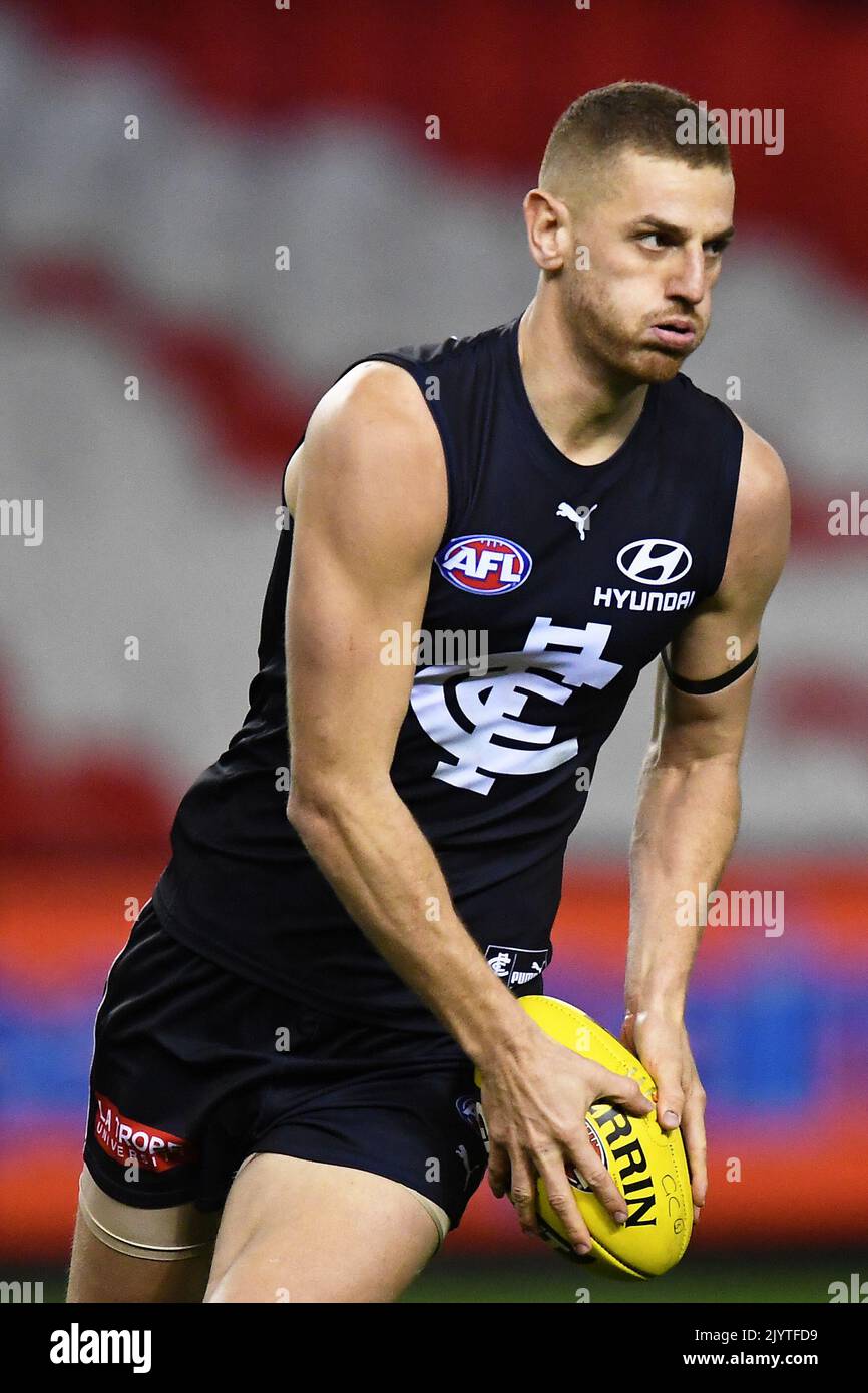 Liam Jones of Carlton Blues in action during the AFL Round 21 match ...