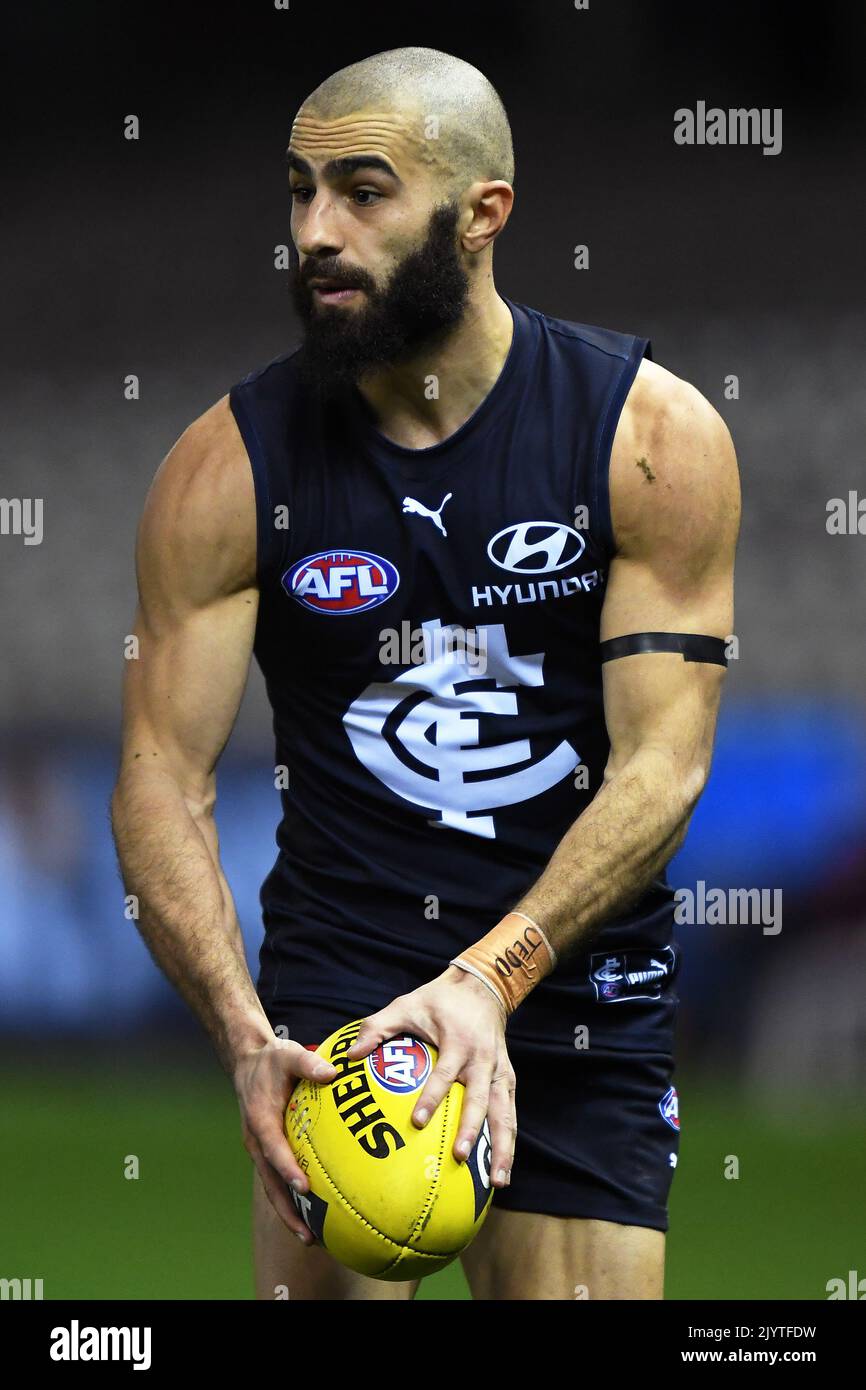 Adam Saad of Carlton Blues in action during the AFL Round 21 match ...