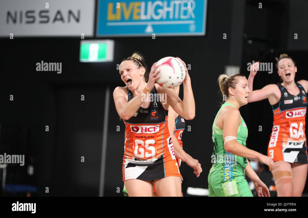 Jo Harten of the Giants reacts at the final siren during the Super ...