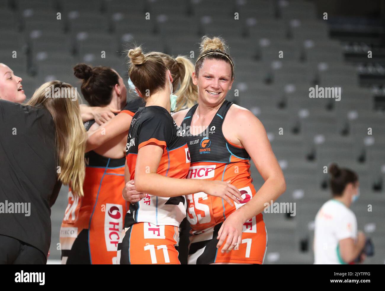 Giants players celebrate during the Super Netball Round 14 match ...