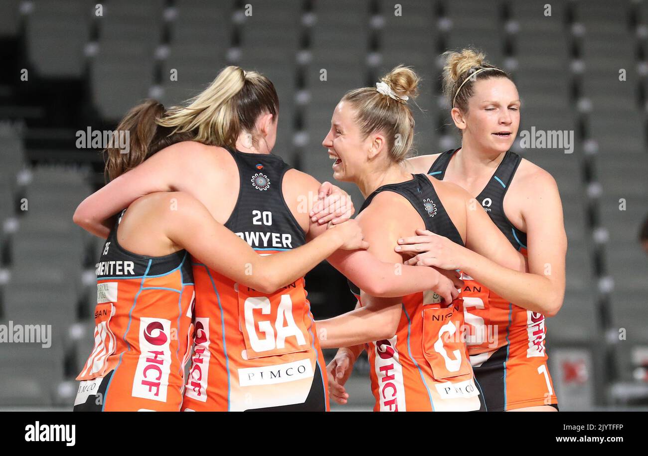 Giants players celebrate victory during the Super Netball Round 14 ...