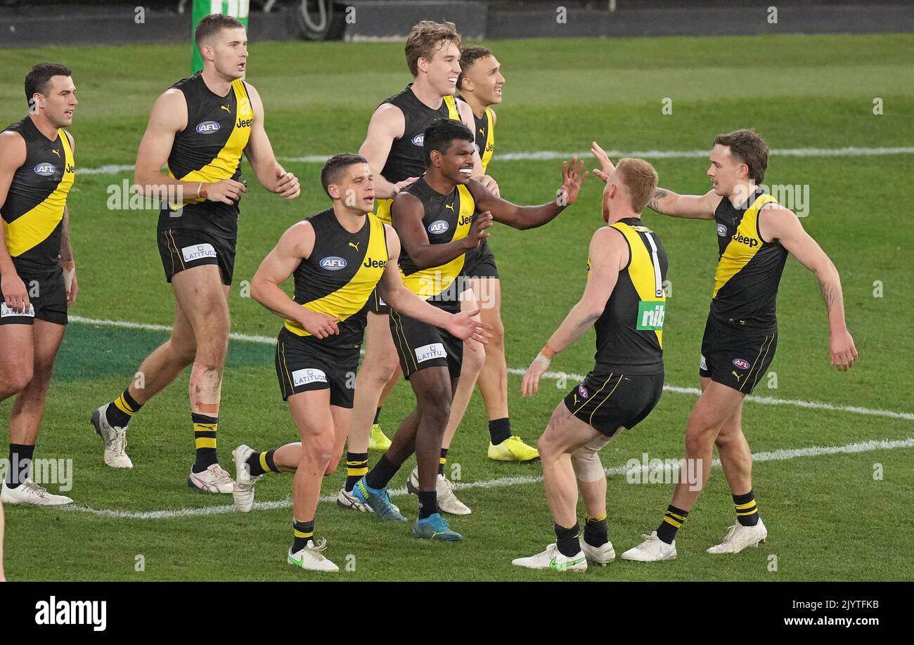 Maurice Rioli Jr. of the Tigers celebrates after kicking his first goal ...