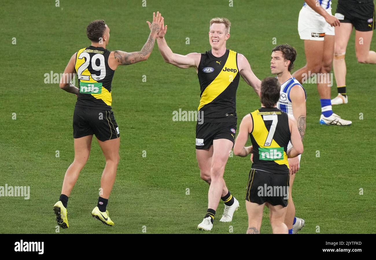 Jack Riewoldt of the Tigers celebrates after kicking a goal during the ...