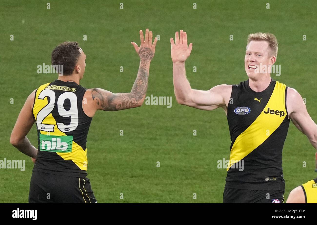 Jack Riewoldt of the Tigers celebrates after kicking a goal during the ...