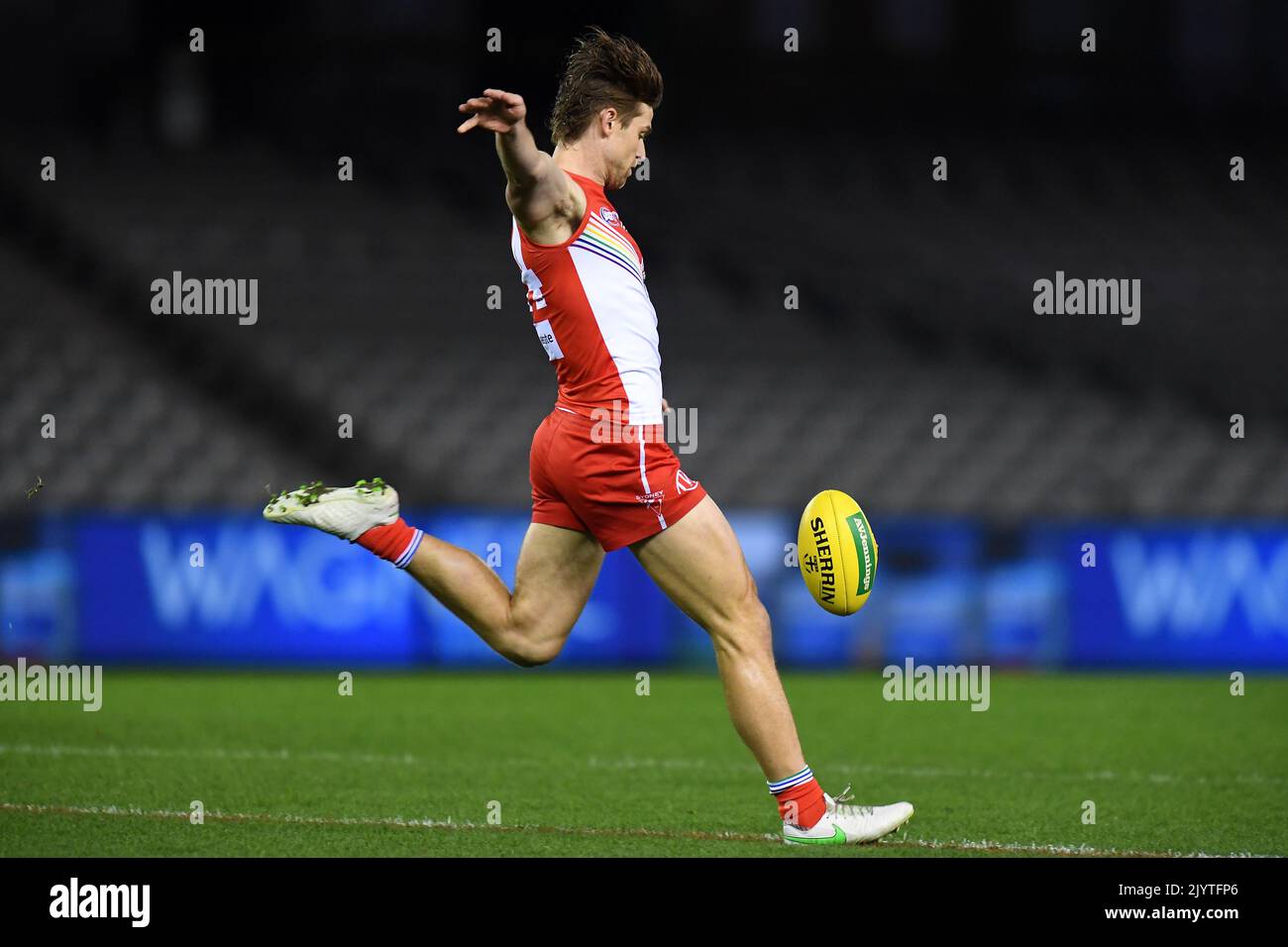 Dane Rampe of the Swans kicks the footy during the AFL Round 21 match ...