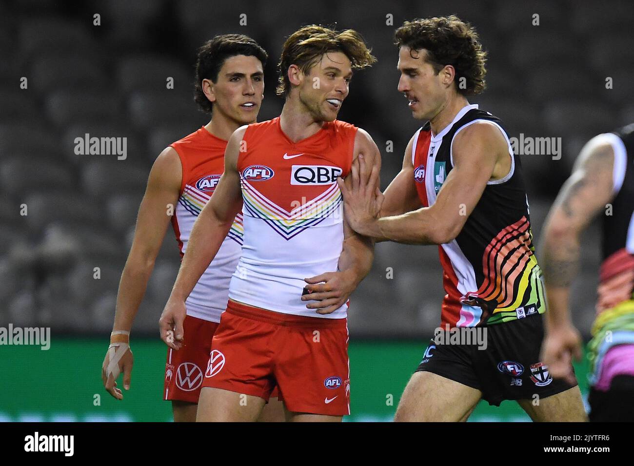 Max King of St Kilda (right) reacts after kicking a goal during the AFL ...