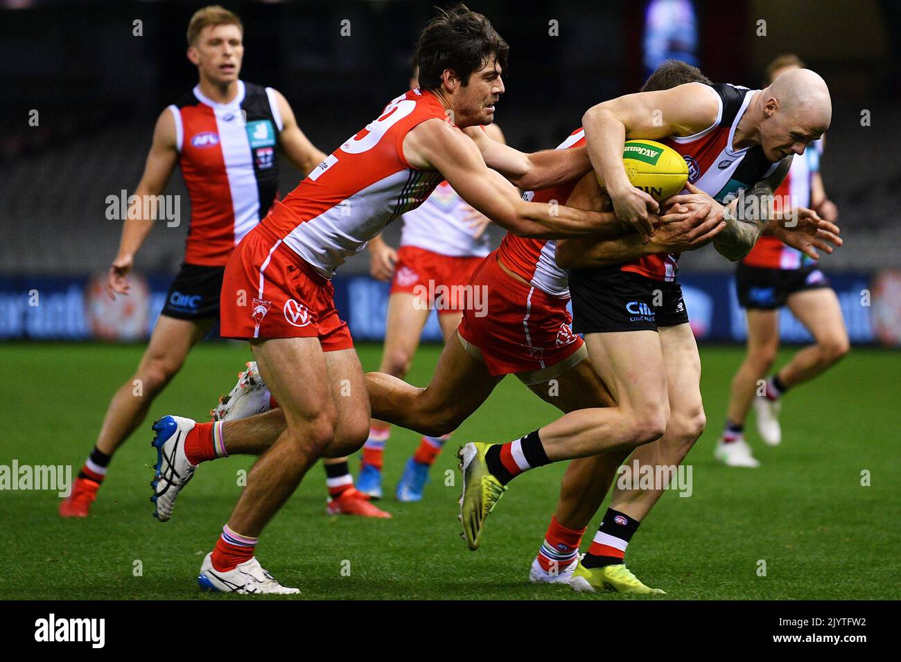 Zak Jones of St Kilda (right) in action during the AFL Round 21 match ...