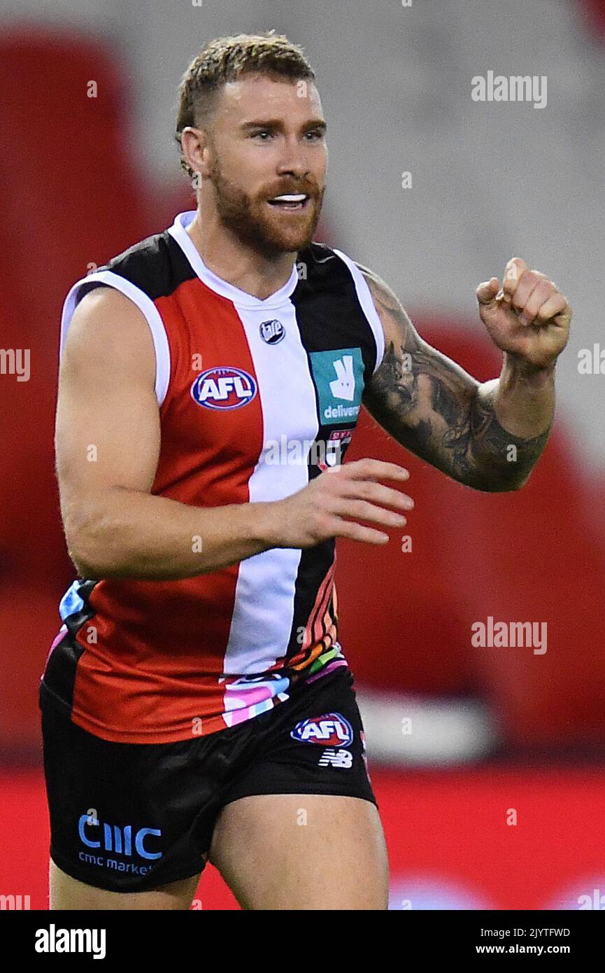 Dean Kent of St Kilda reacts after kicking a goal during the AFL Round ...