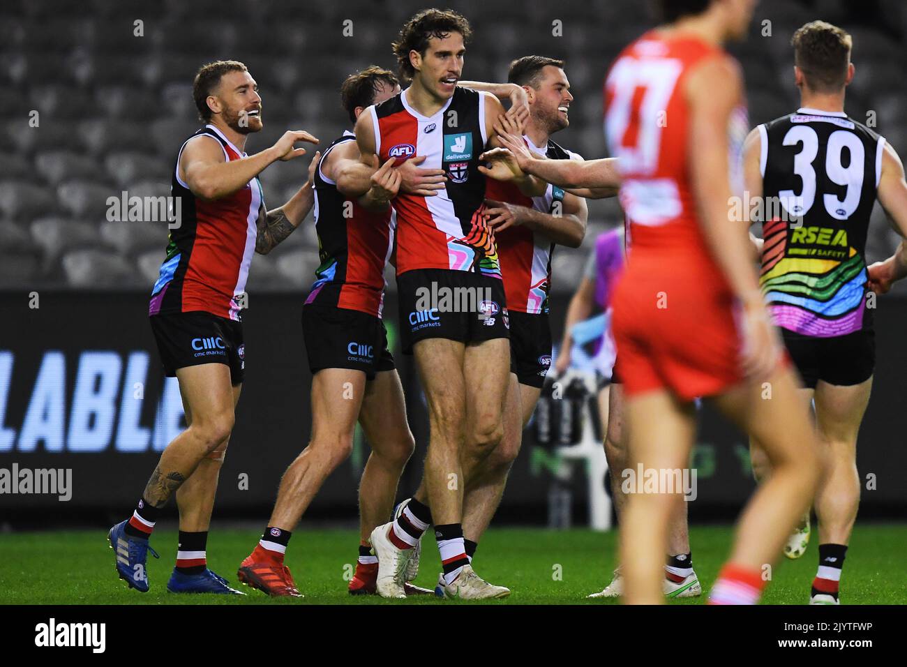 Max King of St Kilda (centre) celebrates with team mates after kicking ...