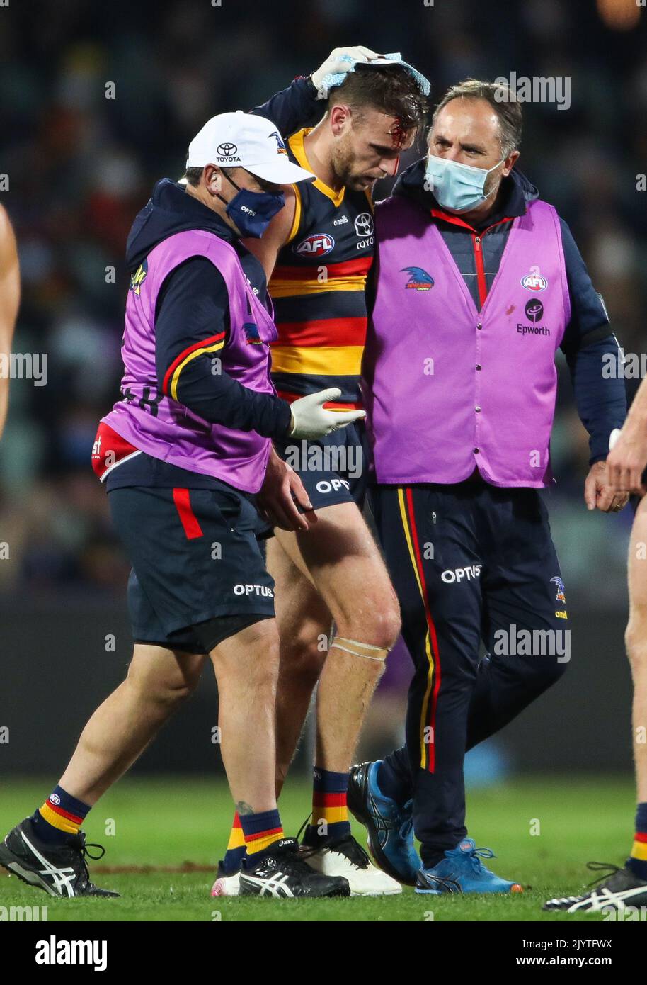 Brodie Smith of the Crows leaves the field injured during the AFL Round ...
