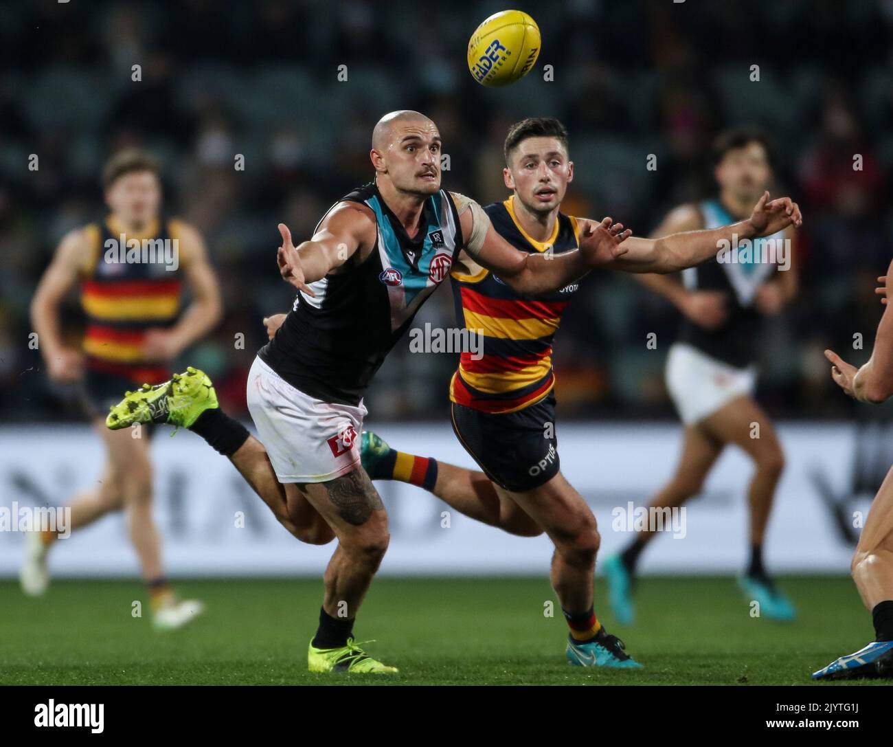 Sam Powell-Pepper of the Power and Chayce Jones of the Crows compete ...