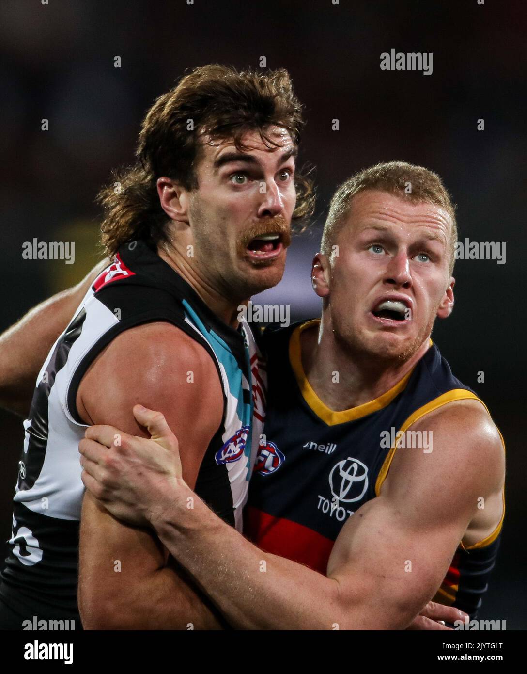 Scott Lycett of the Power and Reilly O'Brien of the Crows compete in a ...
