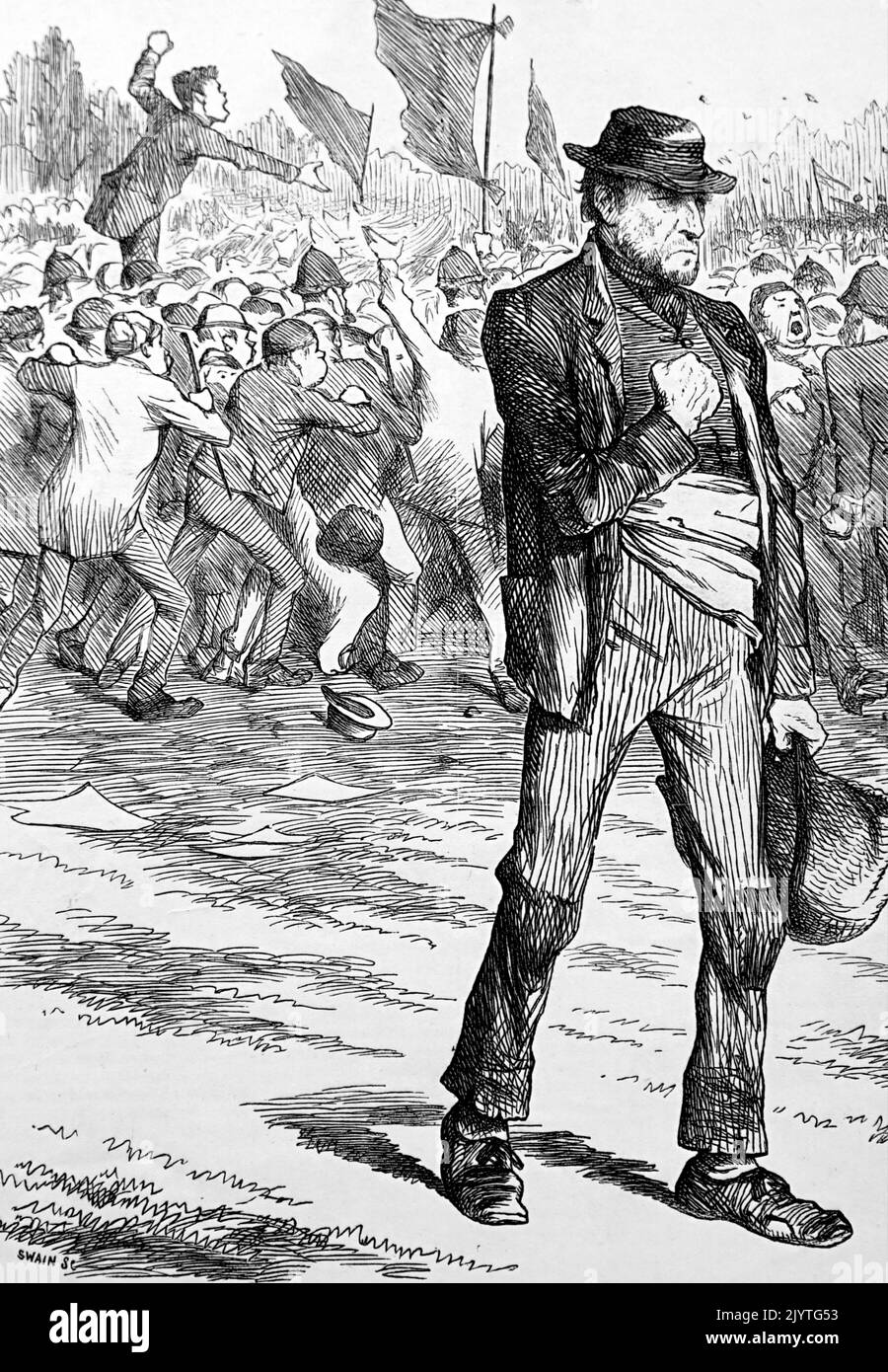 Illustration depicting a scene of violence during a strike. Dated 19th ...