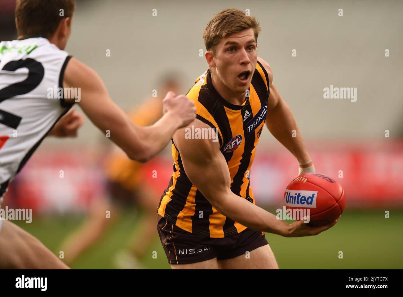 Dylan Moore of Hawthorn handballs the footy during the Round 21 AFL ...