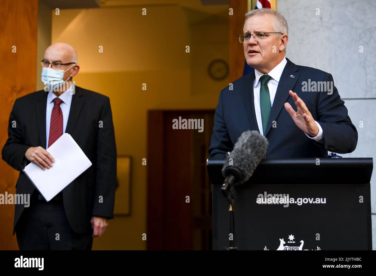 Australian Prime Minister Scott Morrison speaks to the media during a ...