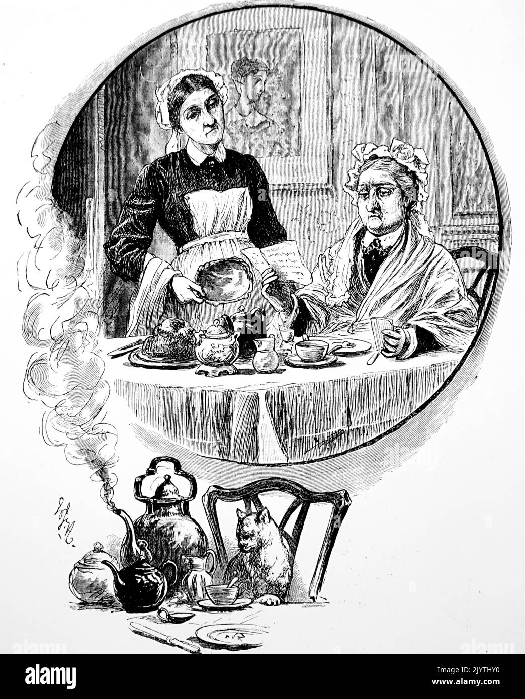 Illustration depicting a domestic servant with the woman of the house ...
