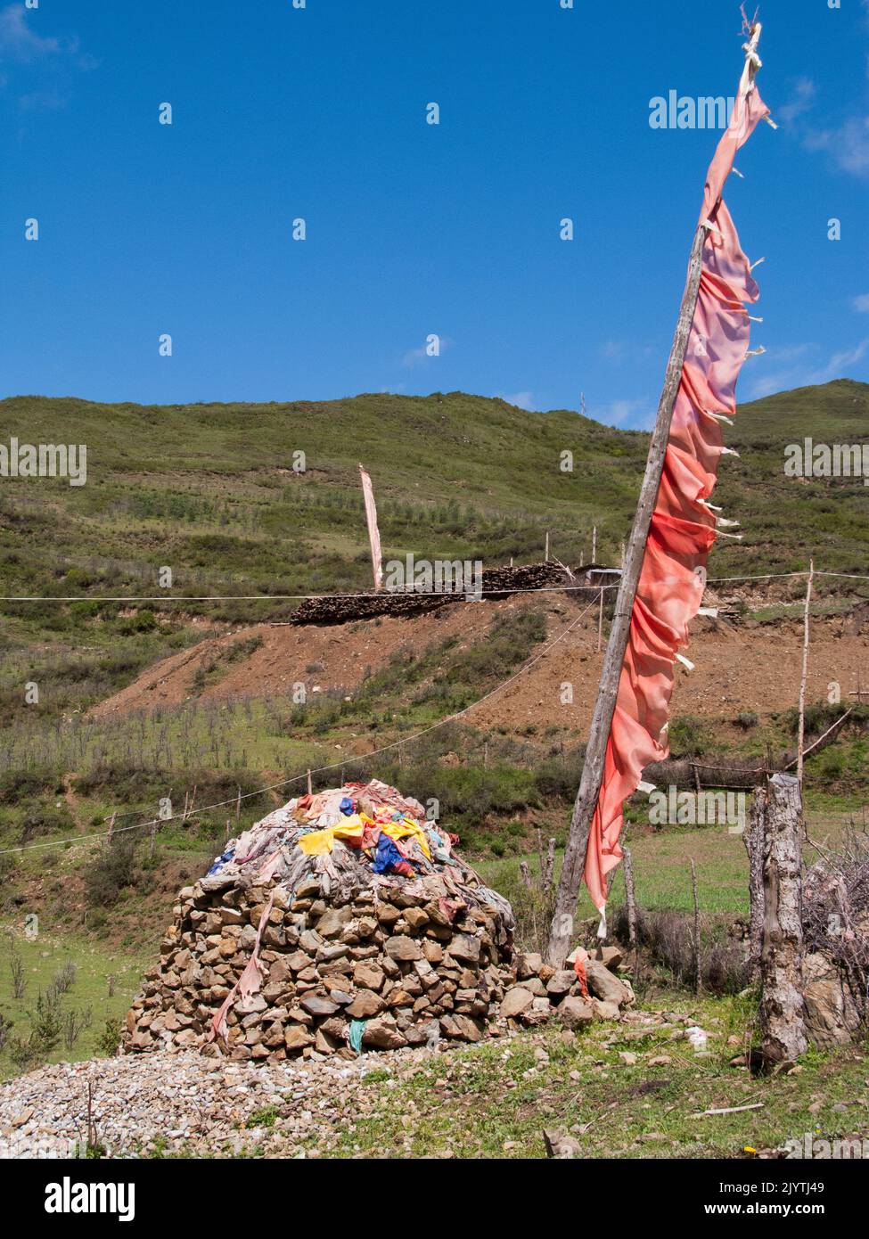 Public Buddhist prayer flags in front of a temple practising Buddhism ...