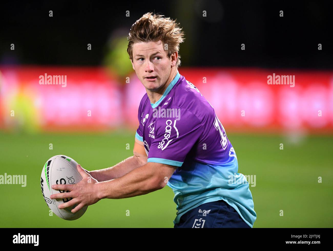 Harry Grant of the Storm warms up during the Round 22 NRL match between ...