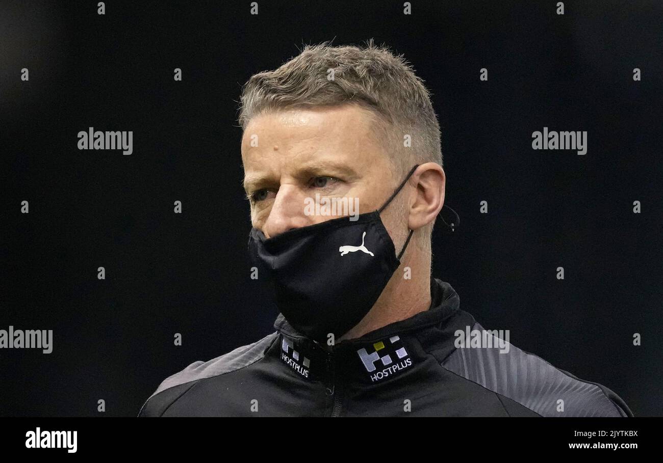 Damien Hardwick, coach of the Tigers looks on during the Round 22 AFL ...