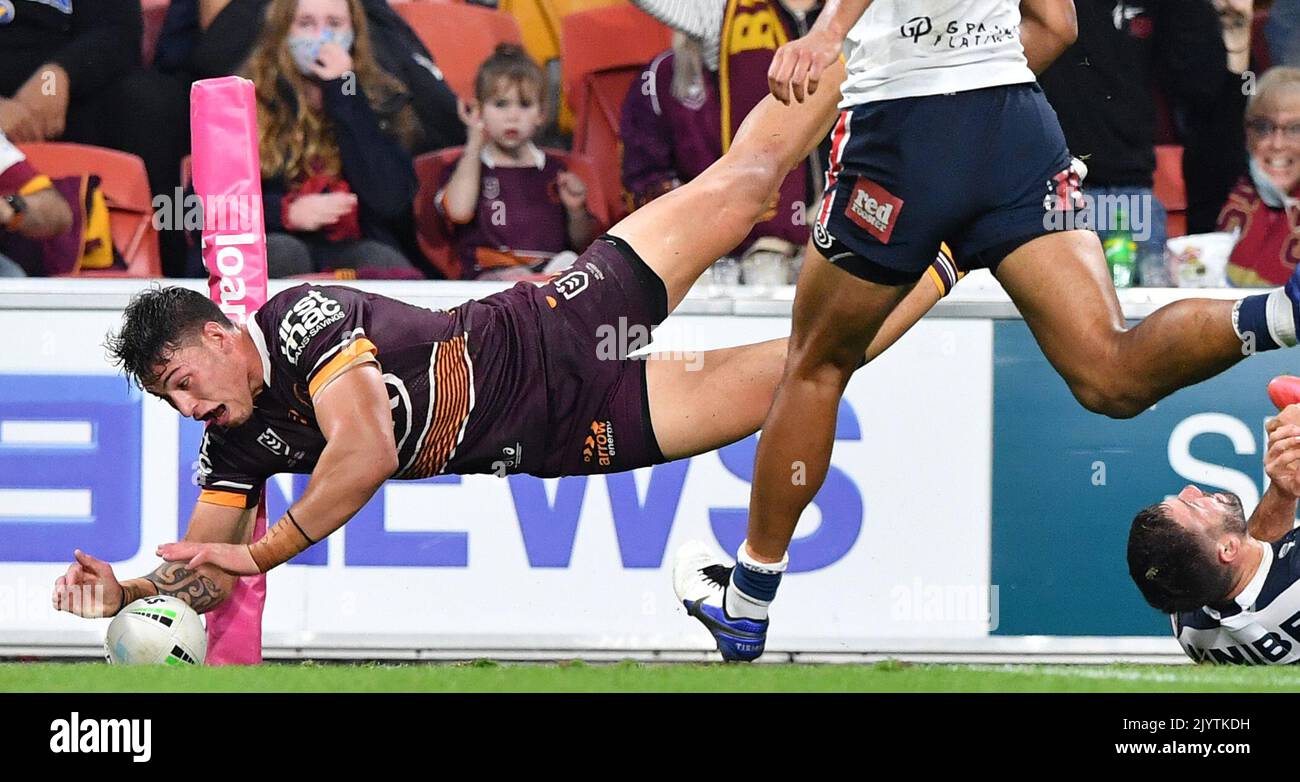 Jordan Riki of the Broncos scores a try during the Round 22 NRL match ...