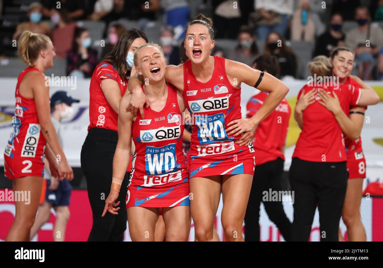 Swifts players celebrate during the Super Netball Semi-Final 1 match ...