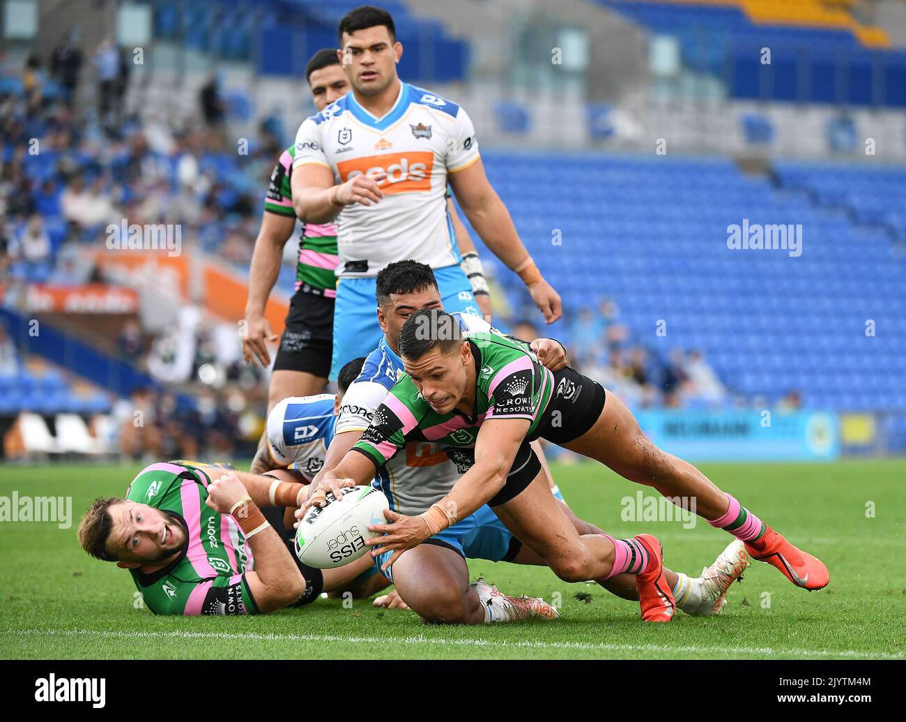 Braidon Burns of the Rabbitohs scores a try during the NRL Round 22 ...