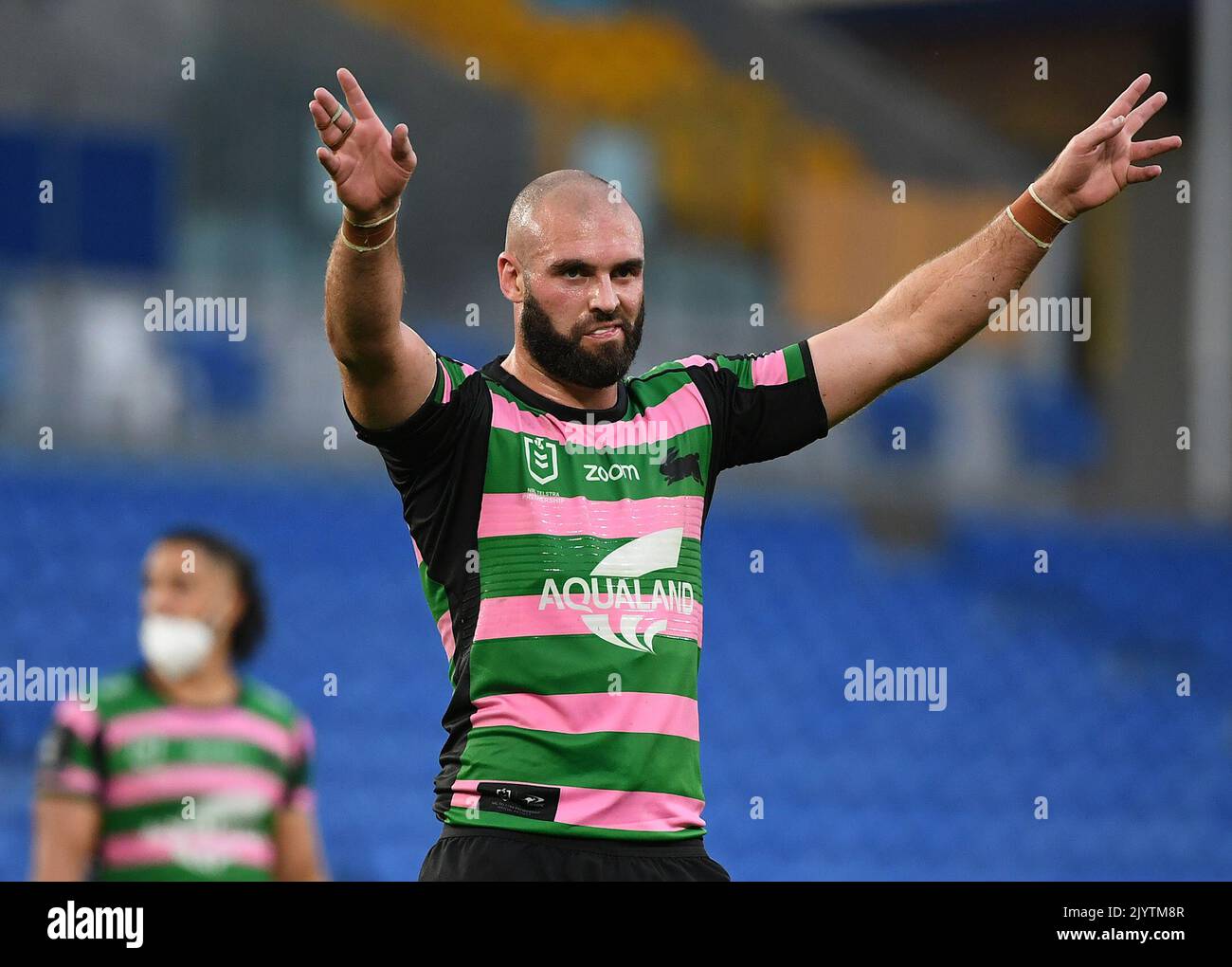 Mark Nicholls of the Rabbitohs reacts following the NRL Round 22 match ...