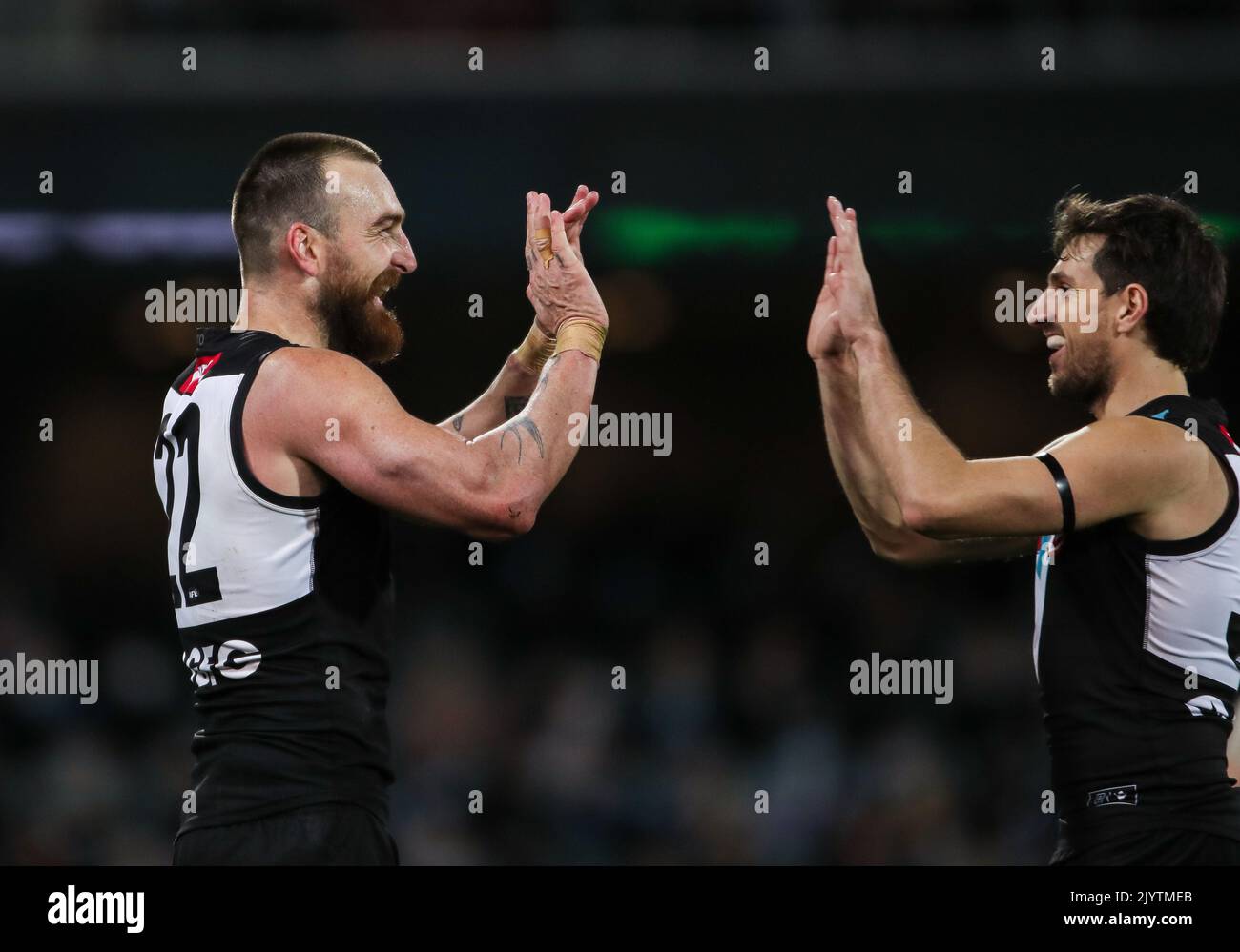 Charlie Dixon of the Power celebrates a goal with team mate Sam Mayes ...