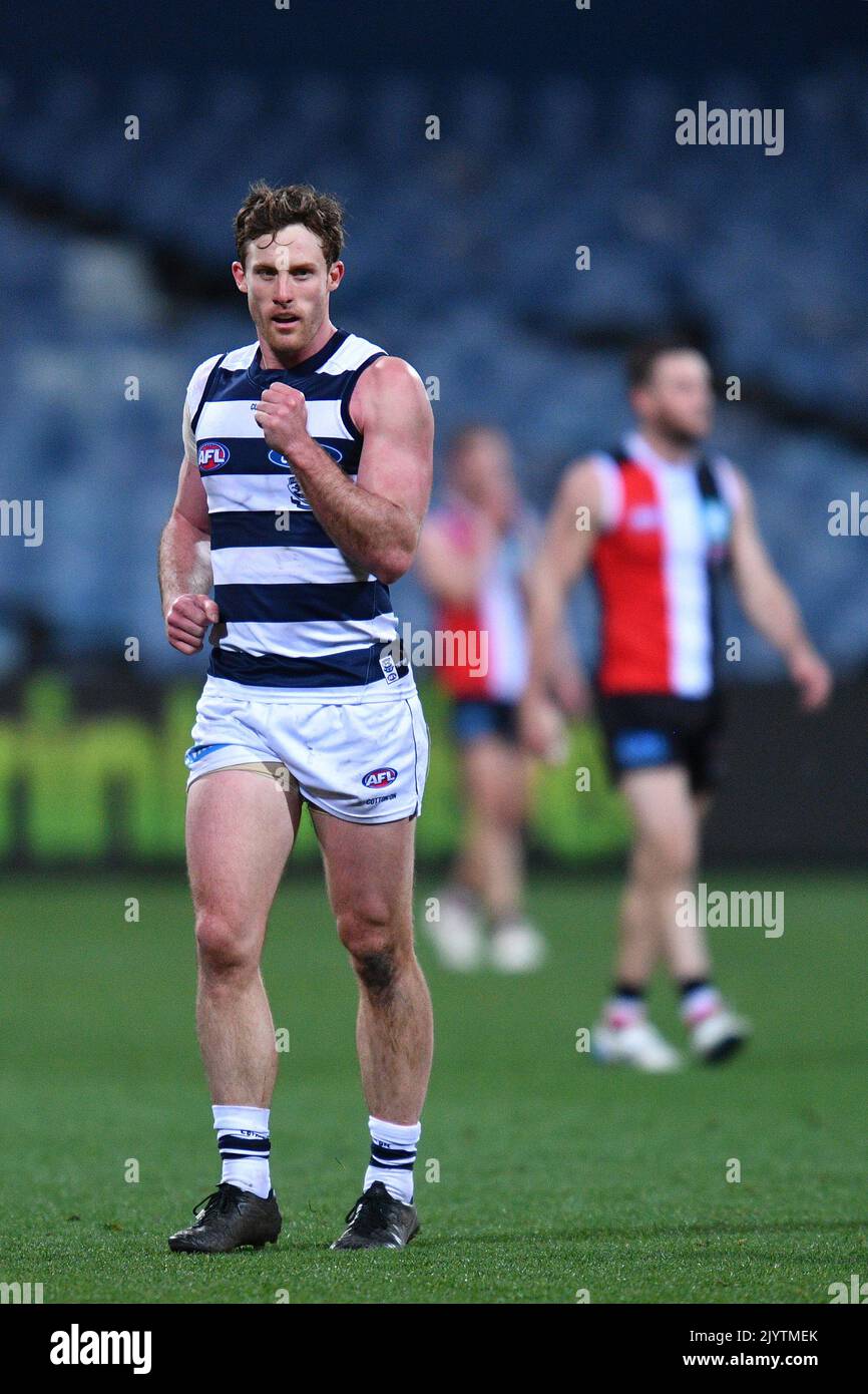 Josh Jenkins of Geelong reacts after defeating St Kilda at the ...
